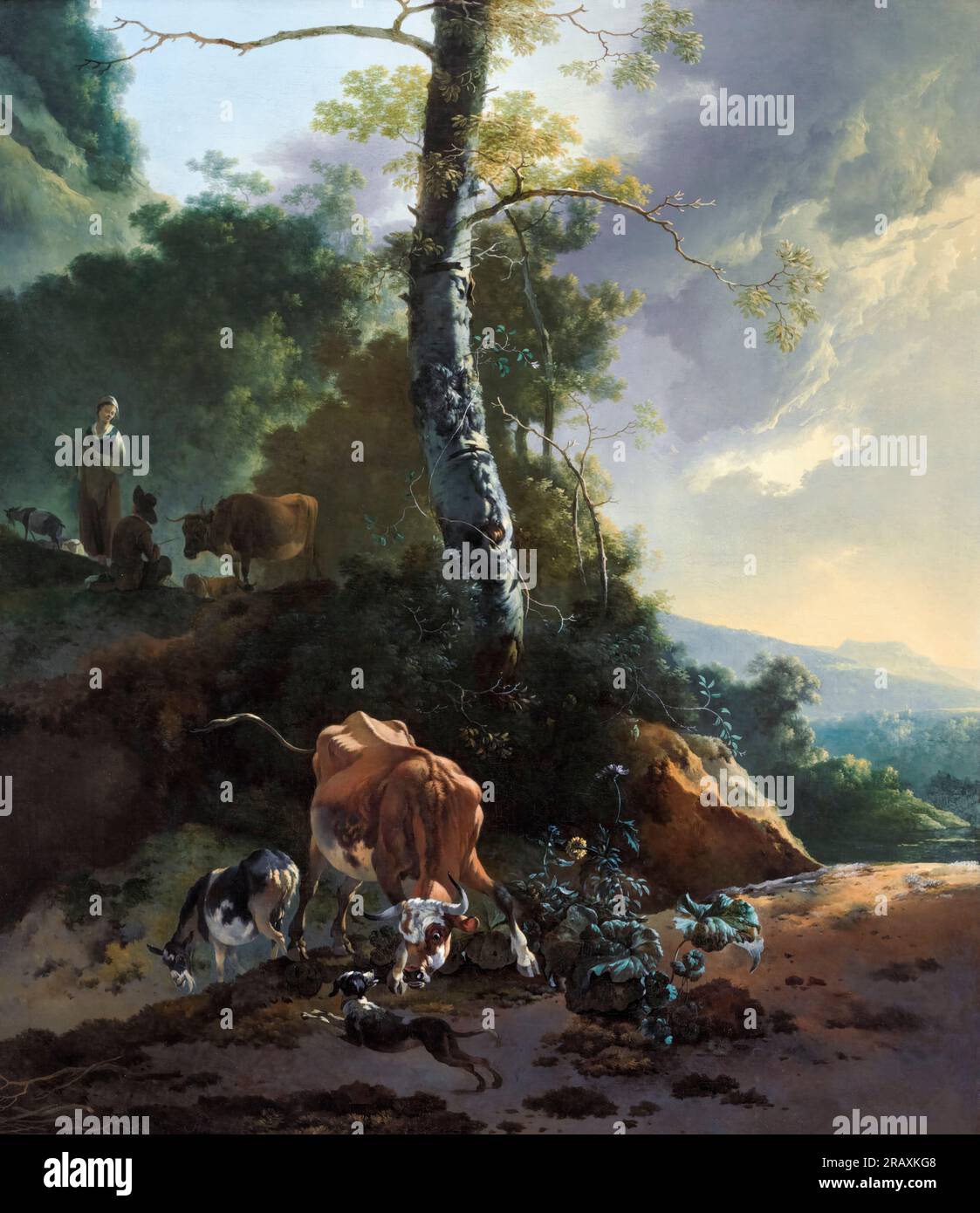 Adam Pynacker, Landscape with enraged Ox, painting in oil on canvas ...