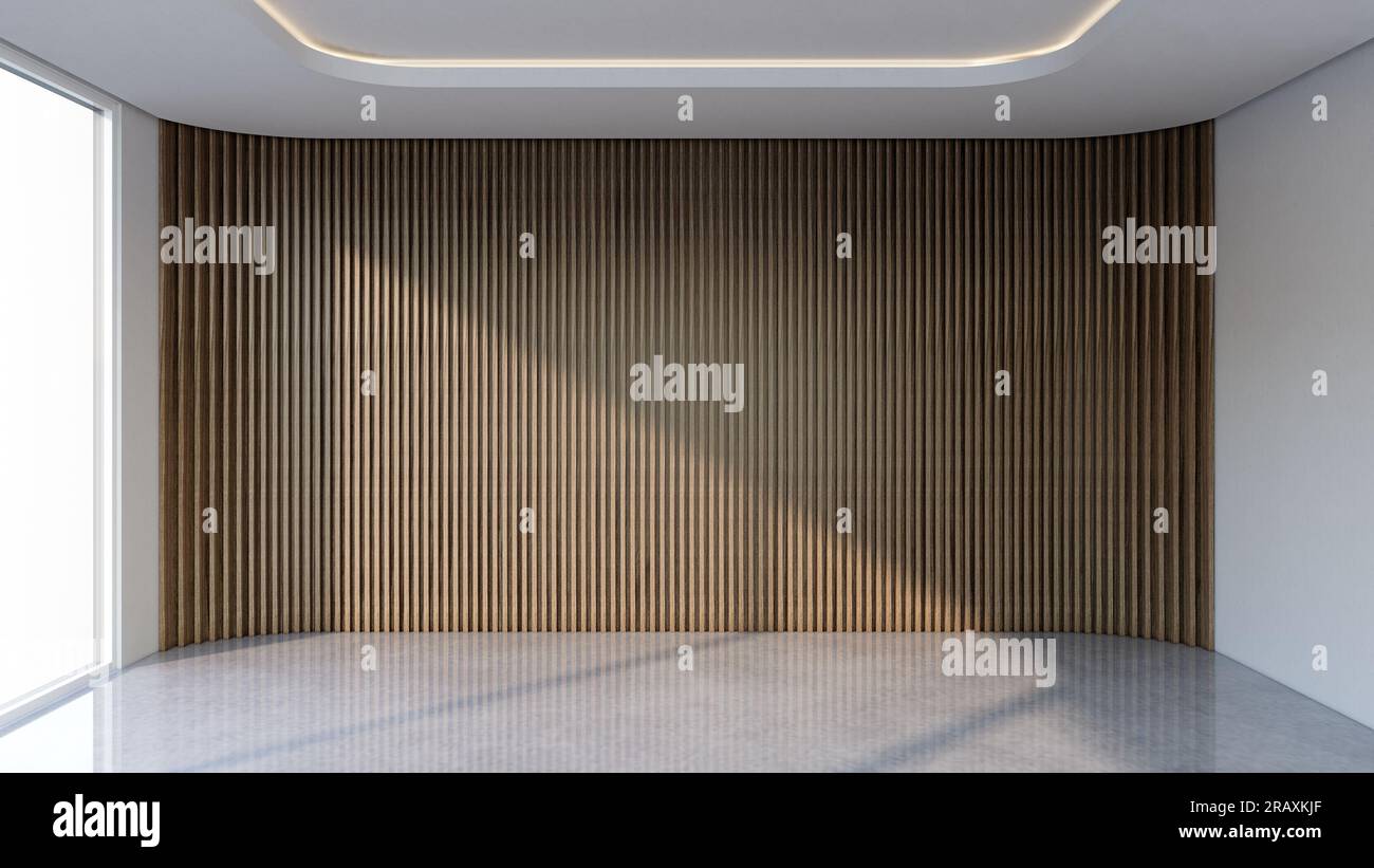 Modern empty room with vertical wooden slats. 3d illustration render ...