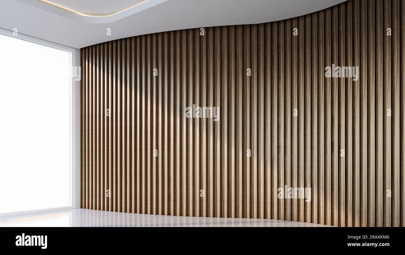 Modern empty room with vertical wooden slats. 3d illustration render ...