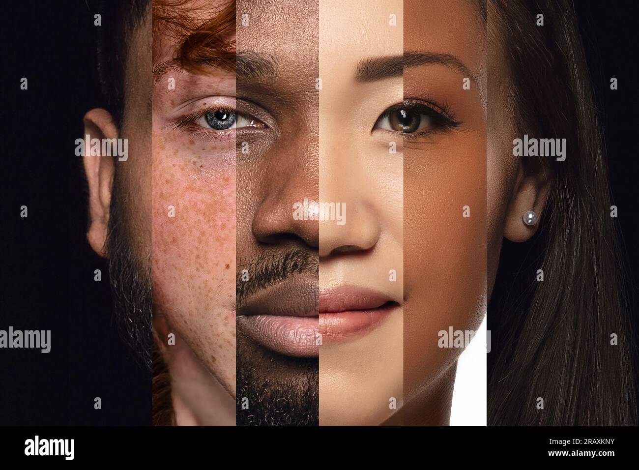 Human face made from different portrait of men and women of diverse age ...