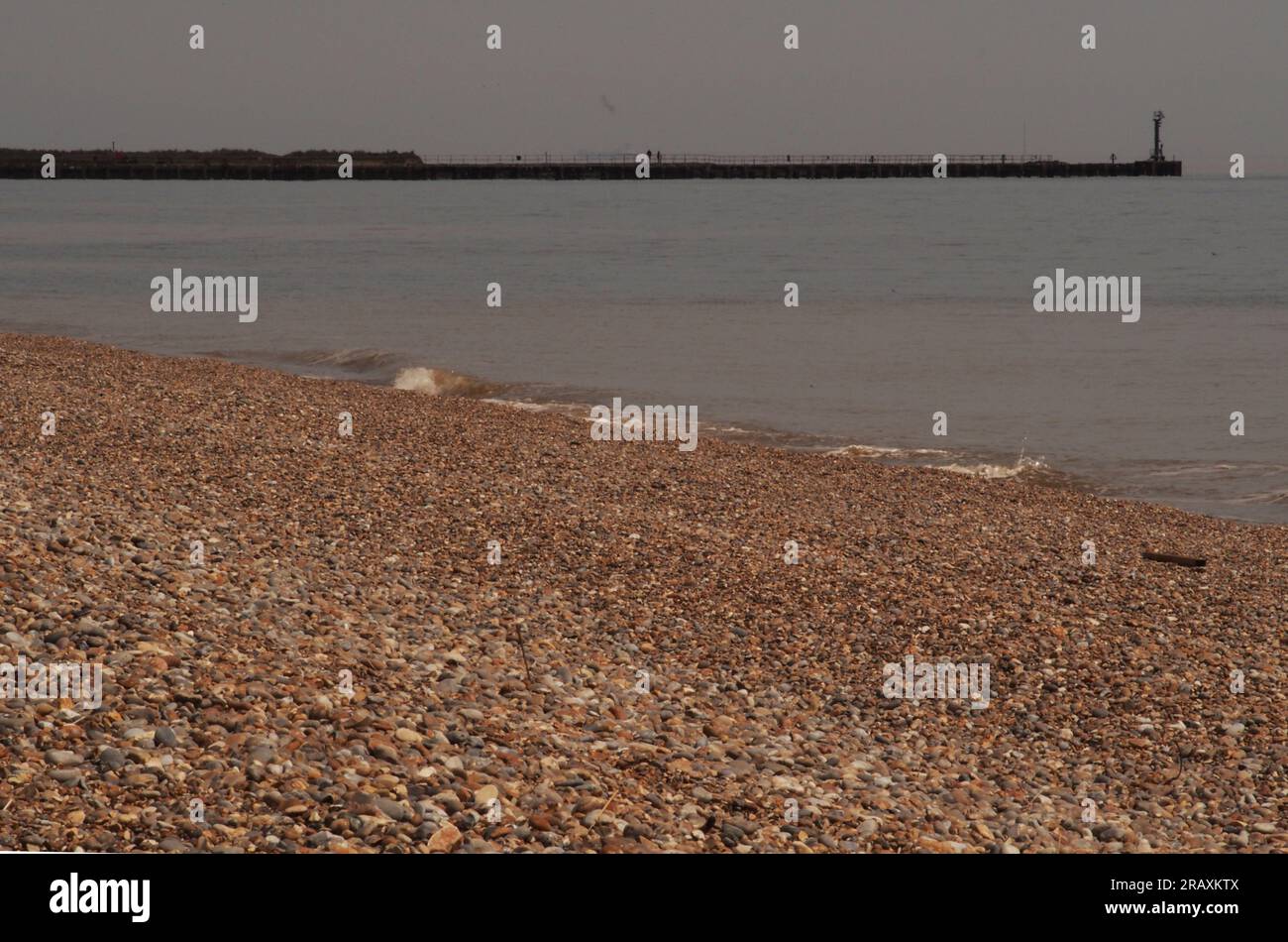 Walberswick pier from the shingle beach at Corporation Marshes, Suffolk ...