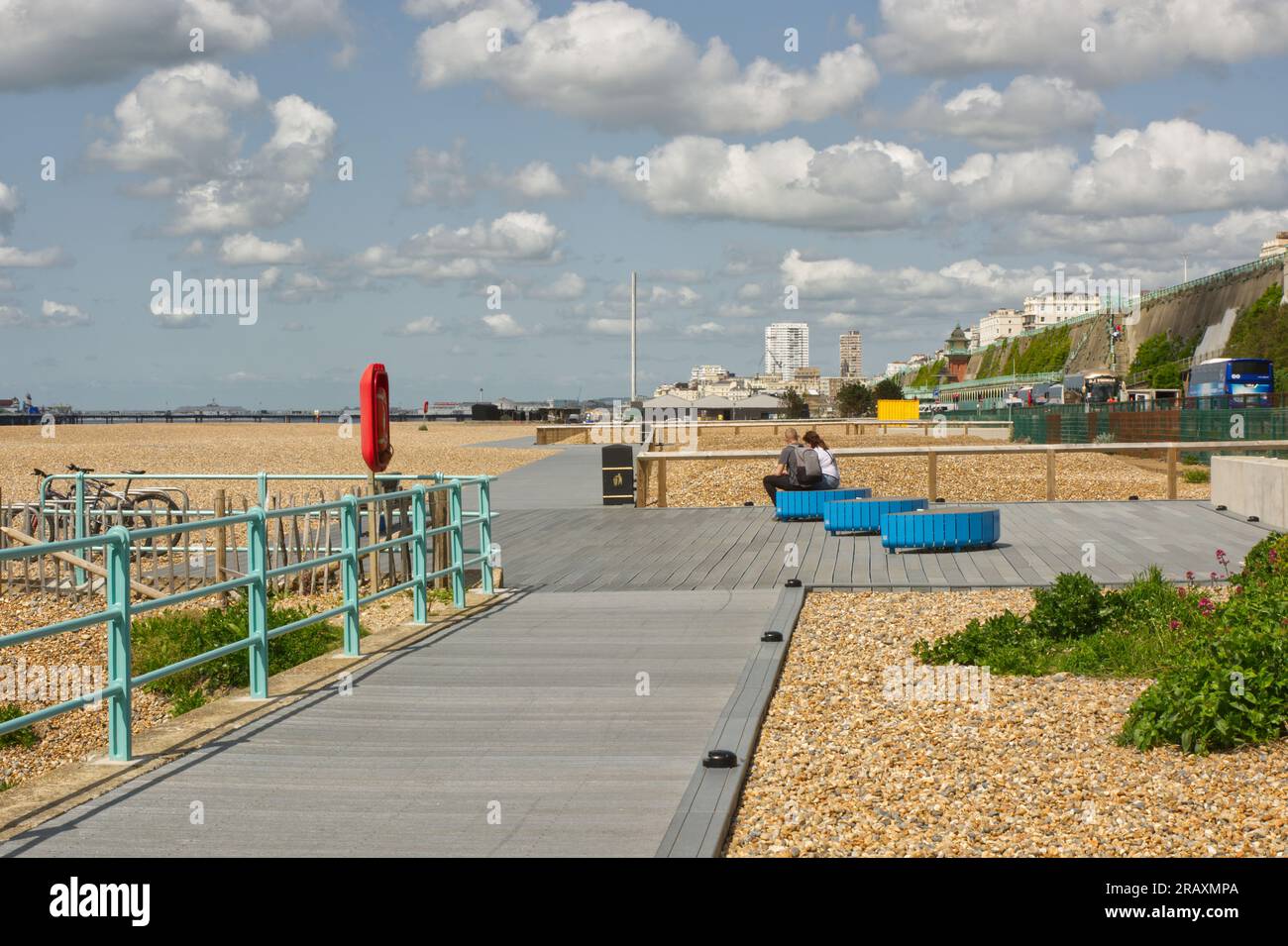 Shingle beach and boardwalk near marina at Brighton in East Sussex ...