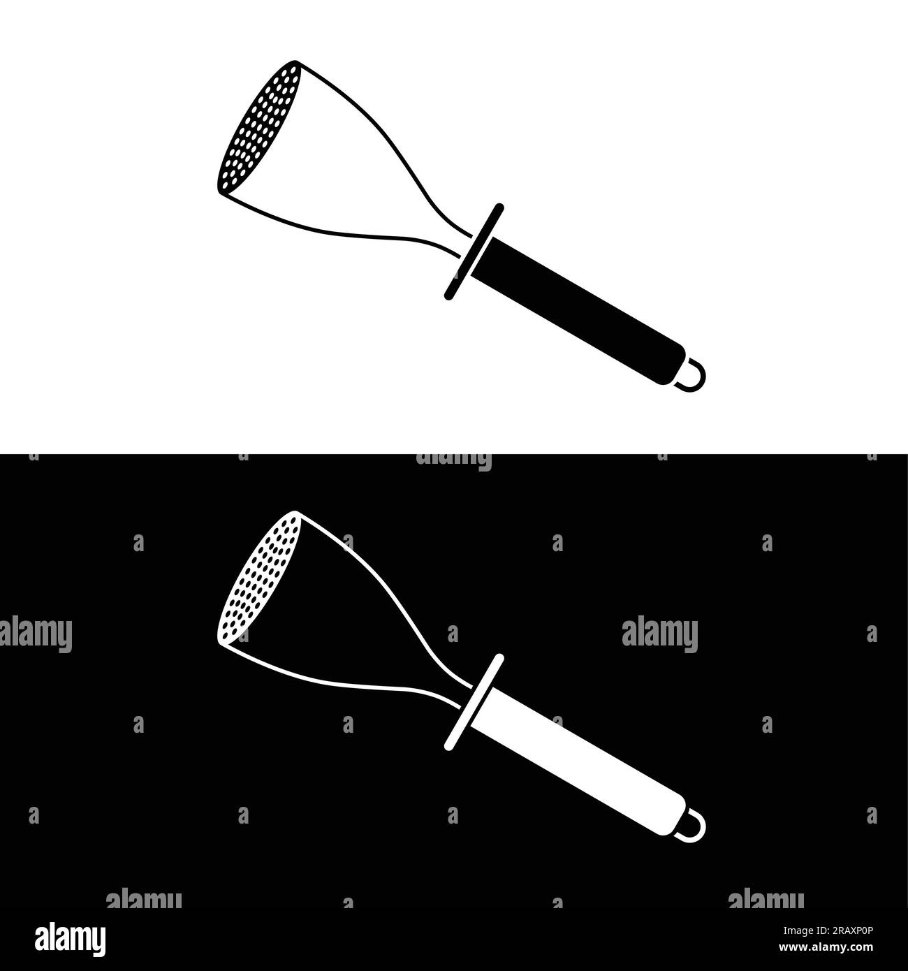 Potato masher flat silhouette vector. Silhouette kitchen utensil icon. Set of black and white ...