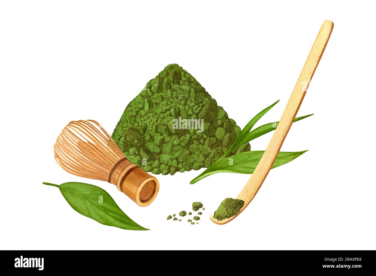 Watercolor dry organic green Japanese matcha latte and food scoop ...