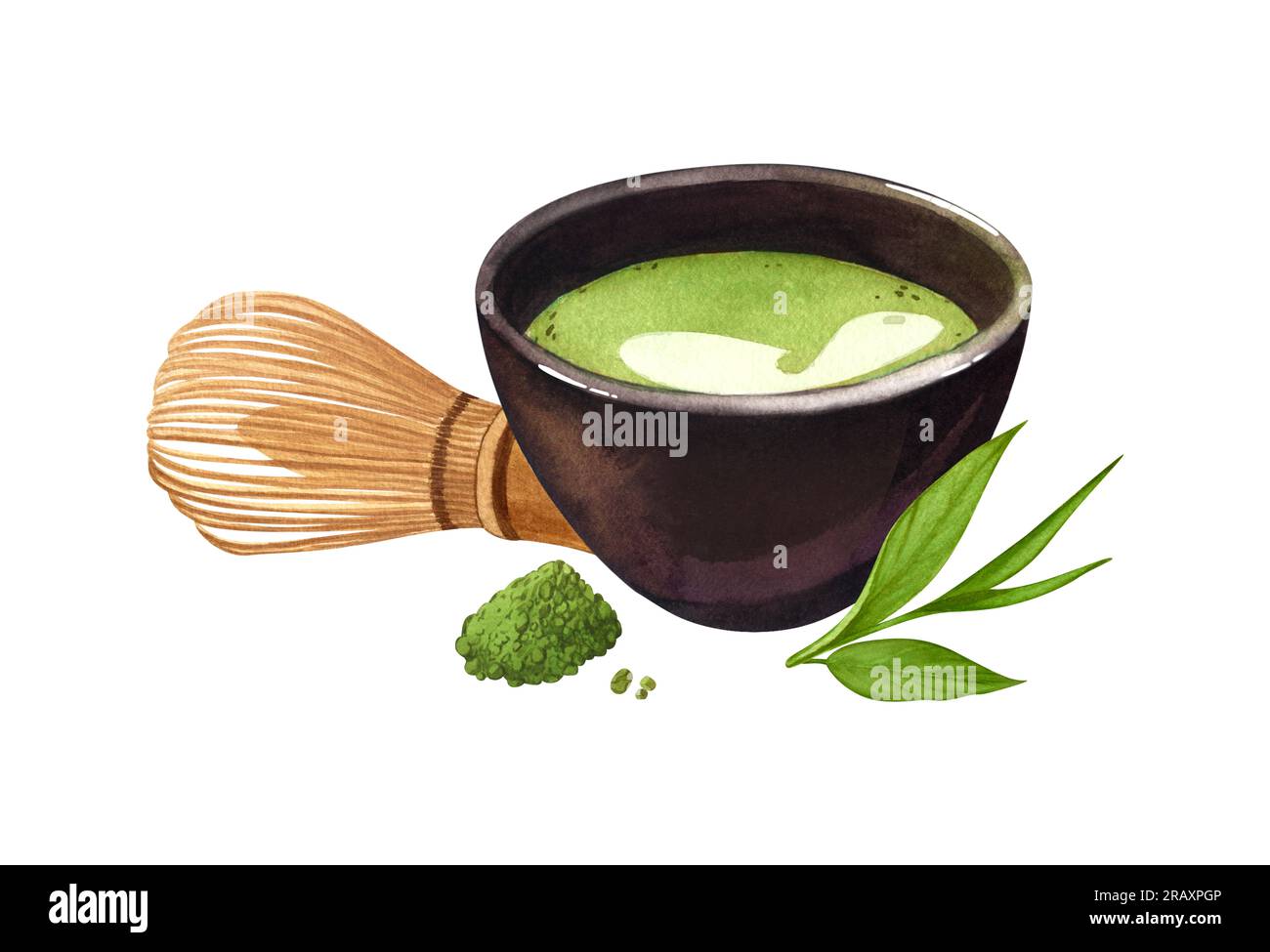 Watercolor organic green Japanese matcha latte in black cup, whisk and ...