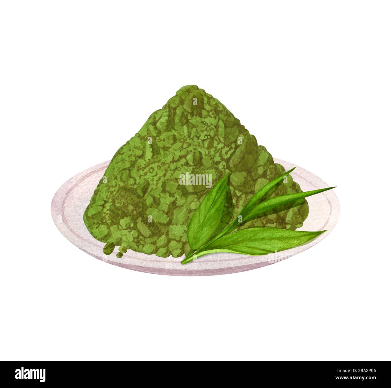 Watercolor green matcha tea powder in round bowl plate isolated on ...