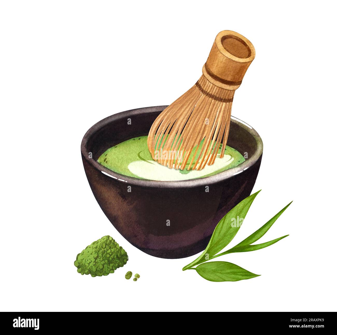 Watercolor organic green Japanese matcha latte in black cup, whisk and ...