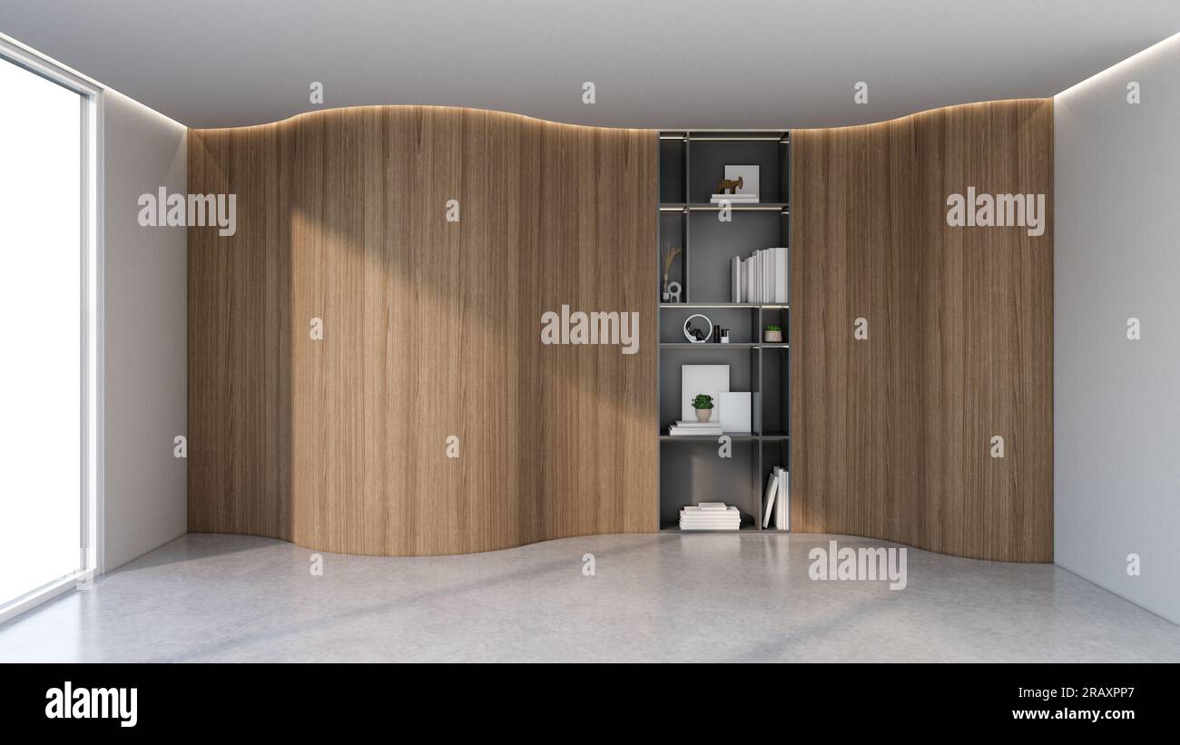 Modern empty room with vertical wooden slats. 3d illustration render ...