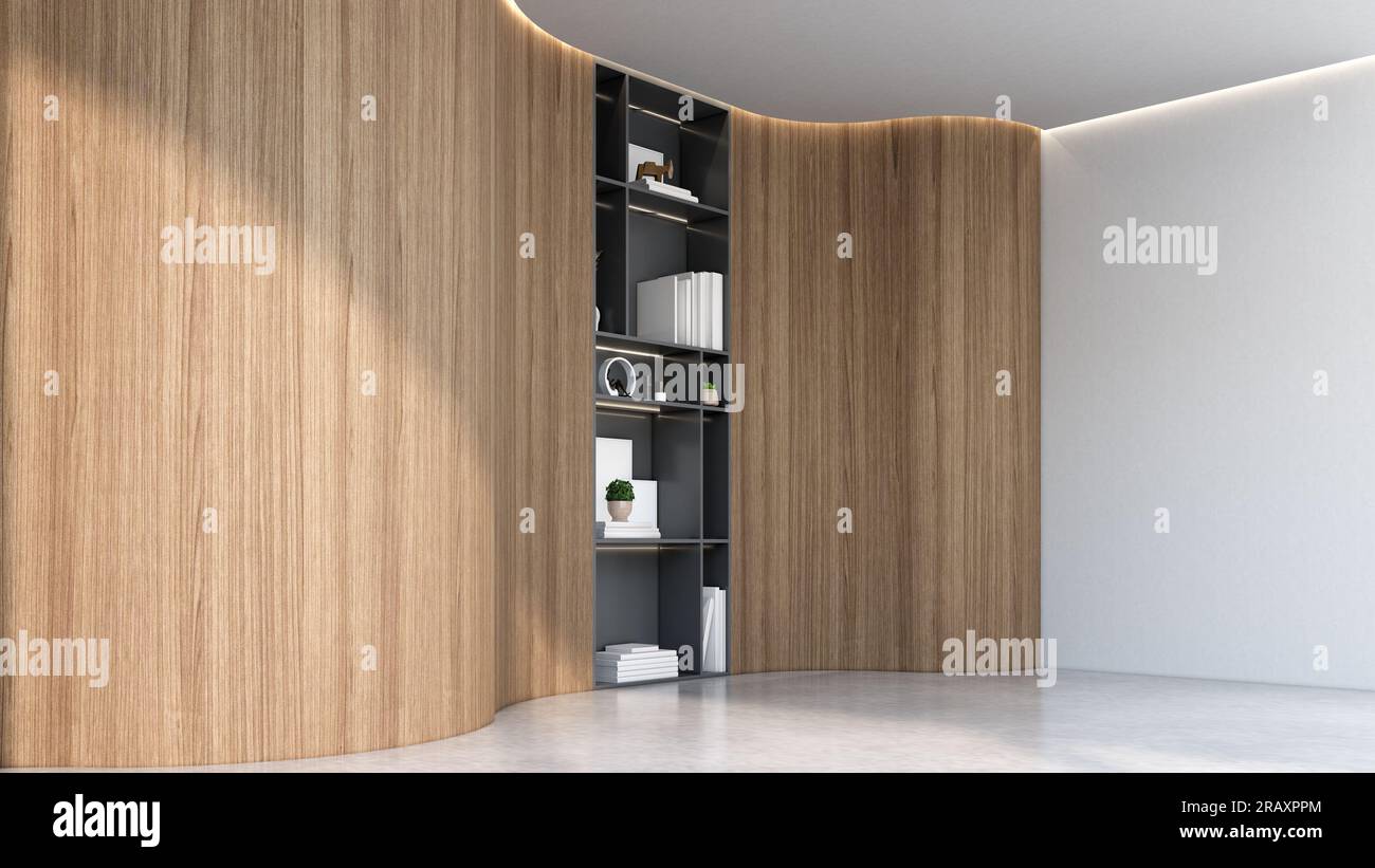 Modern empty room with vertical wooden slats. 3d illustration render ...