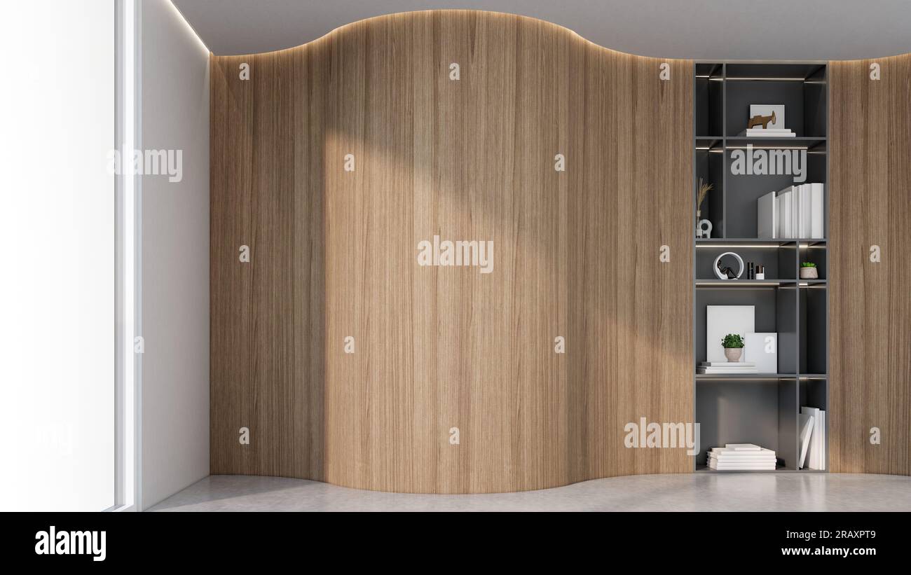 Modern empty room with vertical wooden slats. 3d illustration render ...