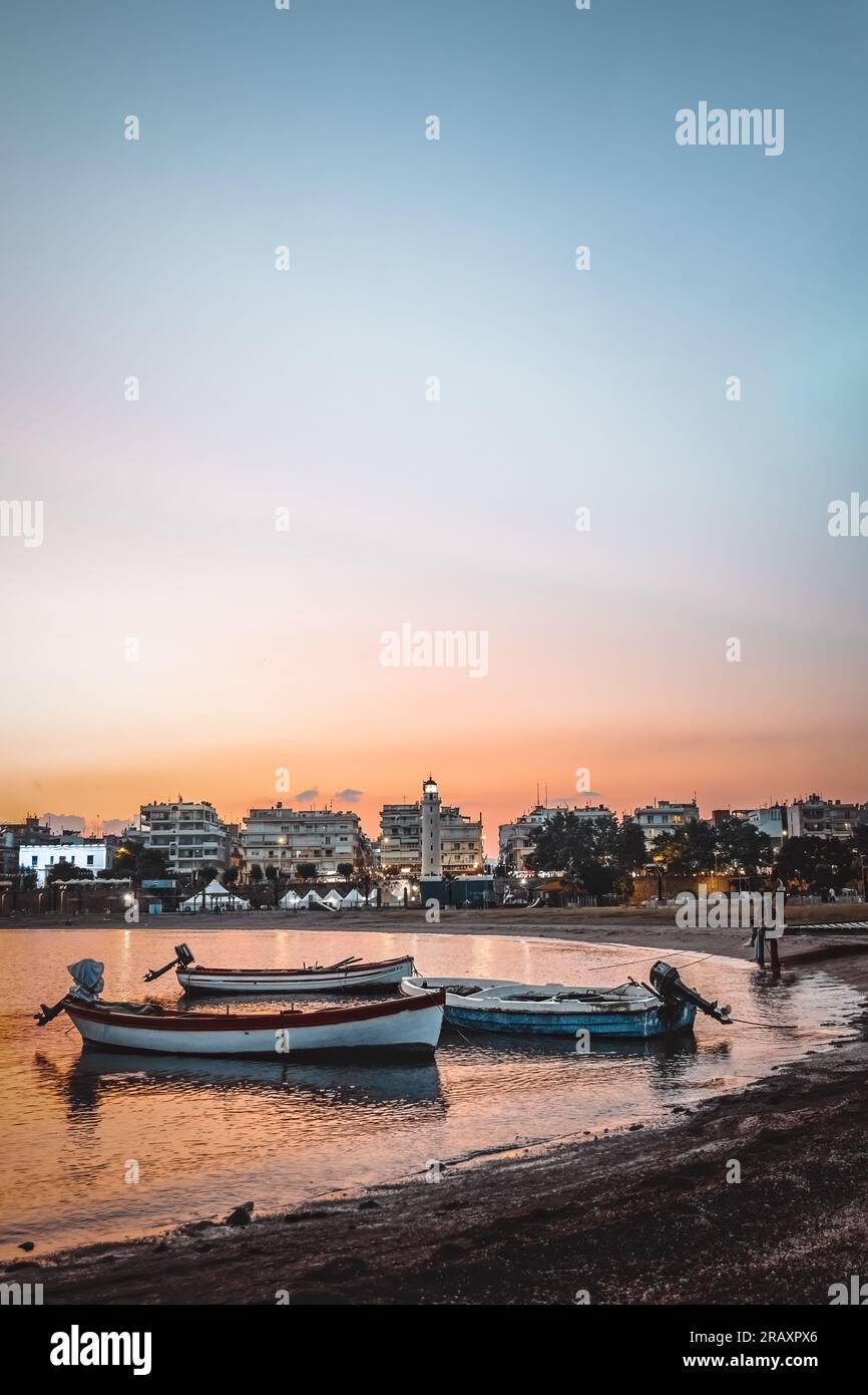 Night view of Alexandroupolis city sea port capital of Evros region ...