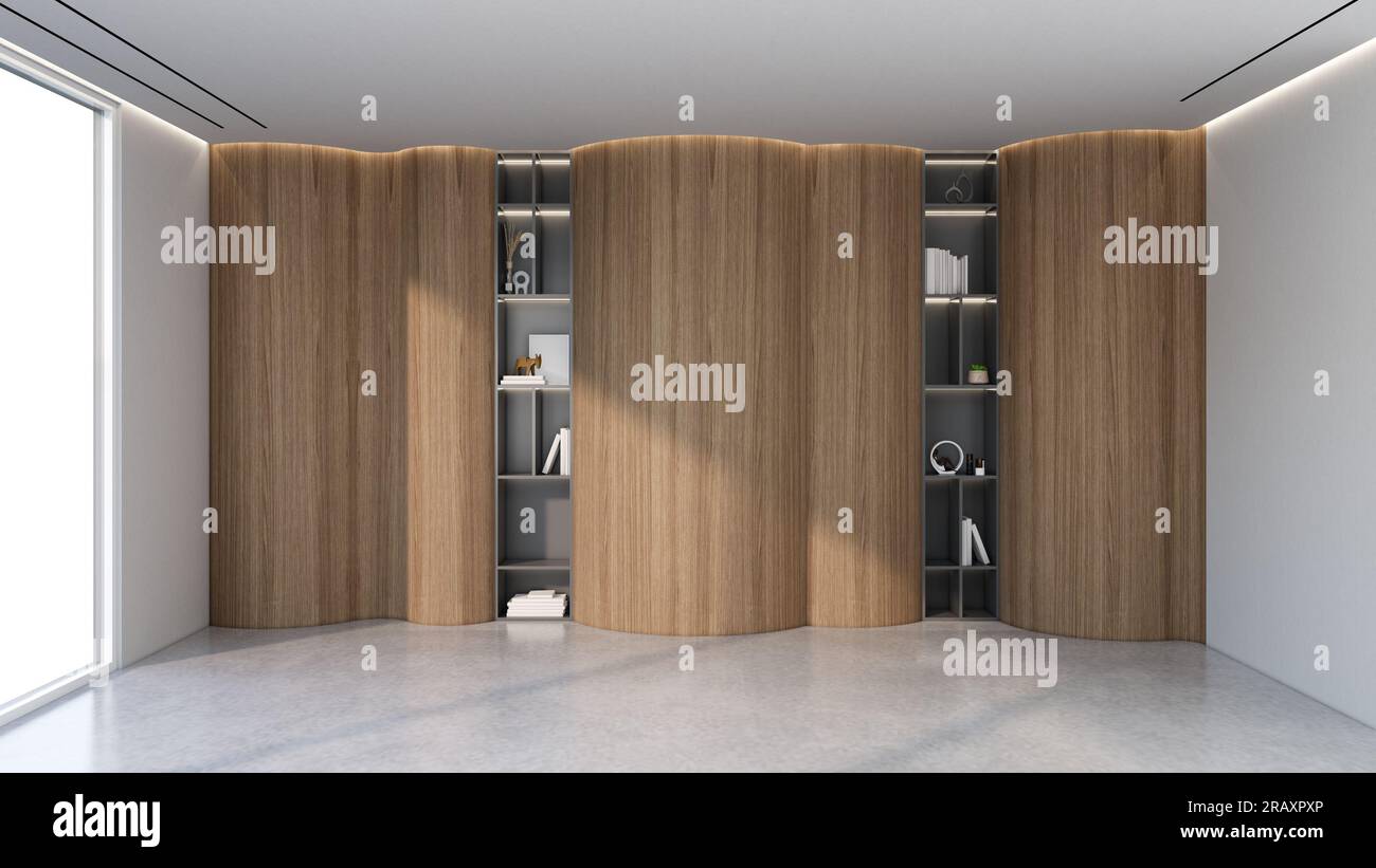 Modern empty room with vertical wooden slats. 3d illustration render ...