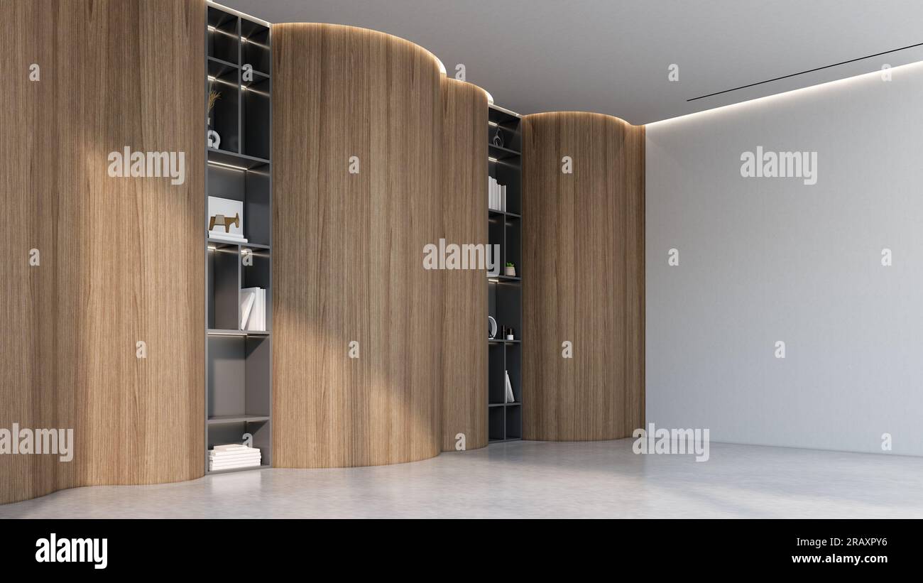 Modern empty room with vertical wooden slats. 3d illustration render ...