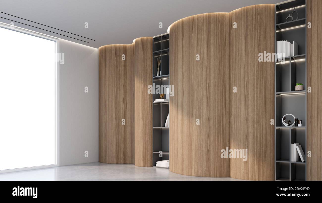 Modern empty room with vertical wooden slats. 3d illustration render ...