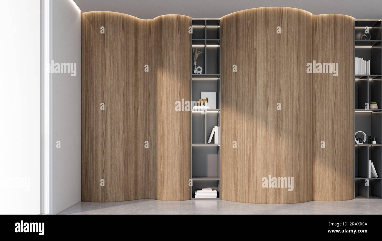 Modern empty room with vertical wooden slats. 3d illustration render ...