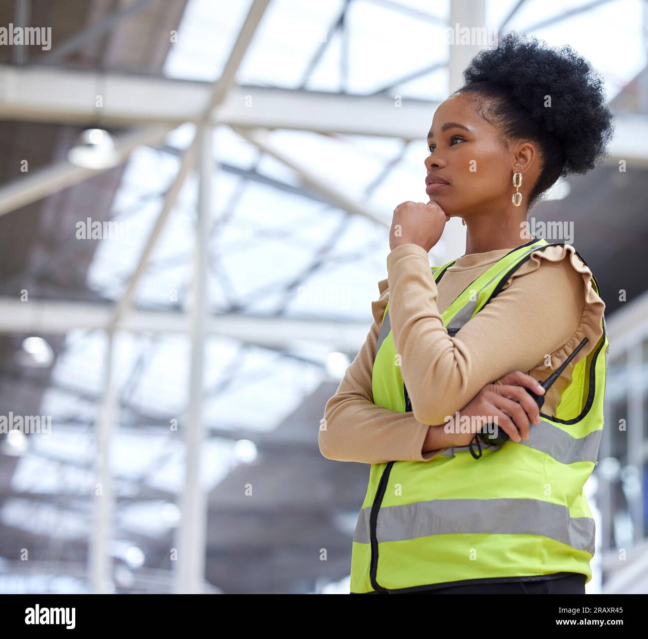 Inspector, woman and construction site with ideas for working or ...