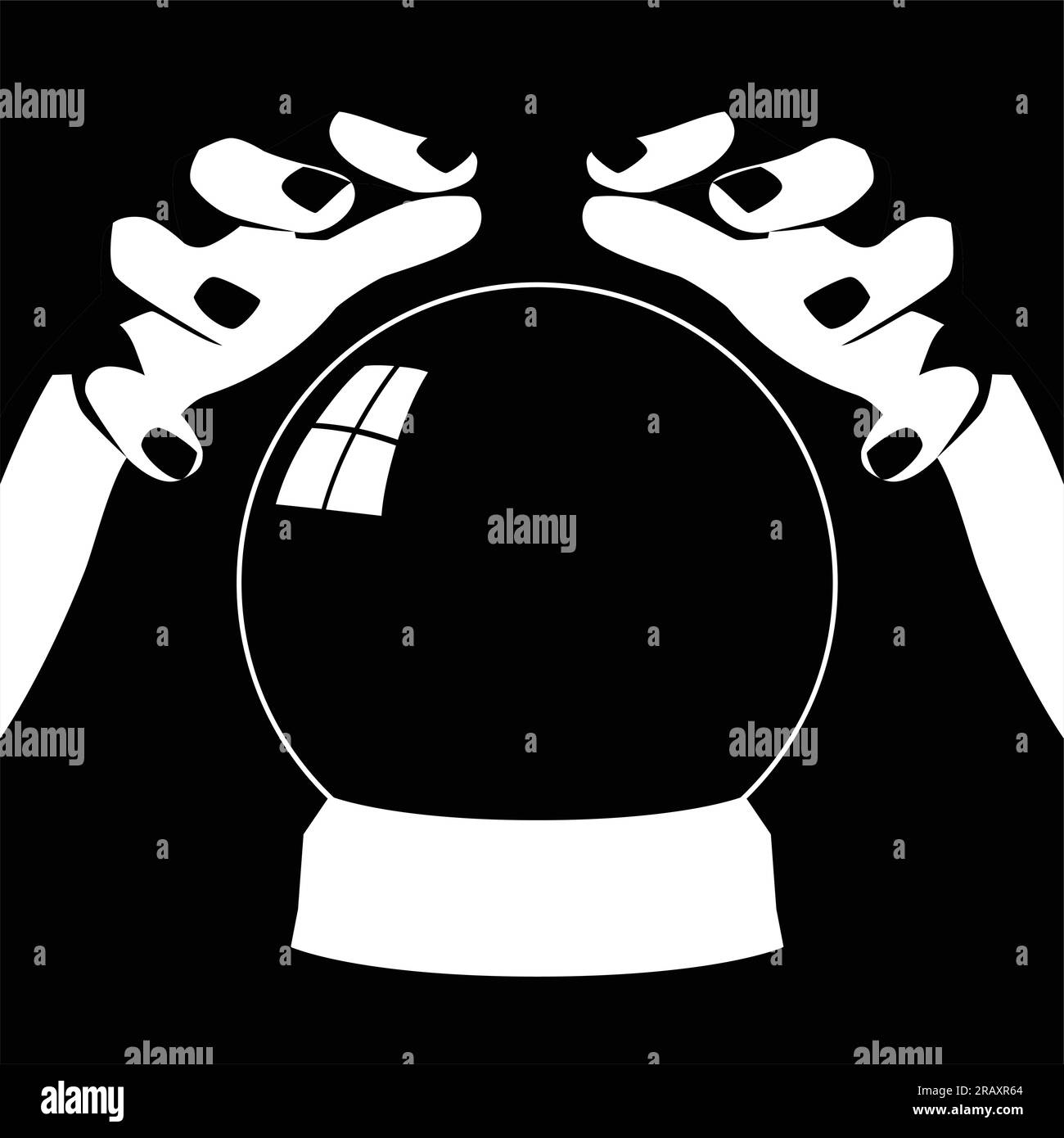 Black and white illustration of a fortune teller hands with crystal ...