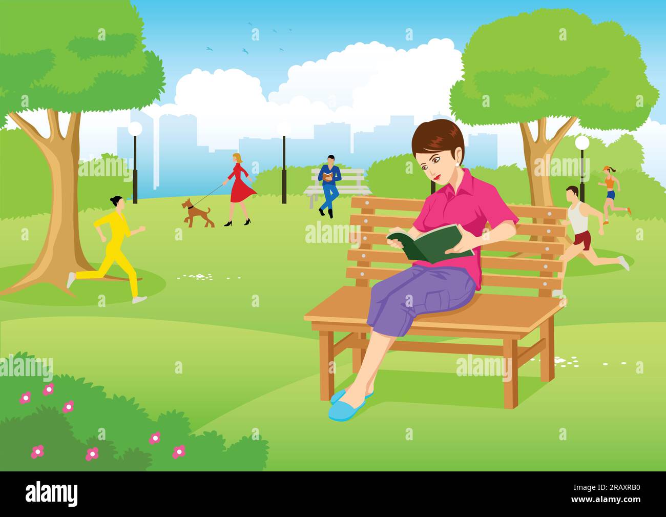 Cartoon illustration of a young woman reading a book on a bench at city ...