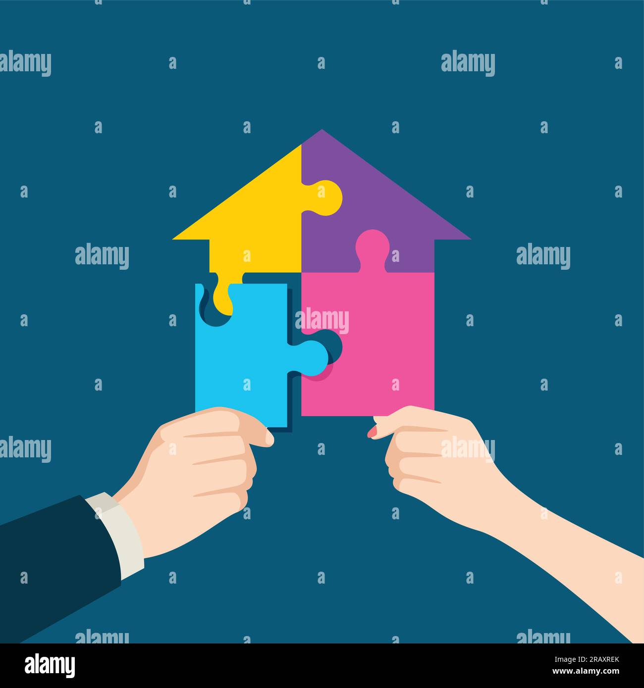 Illustration of a man and woman hand assembling jigsaw puzzle which ...