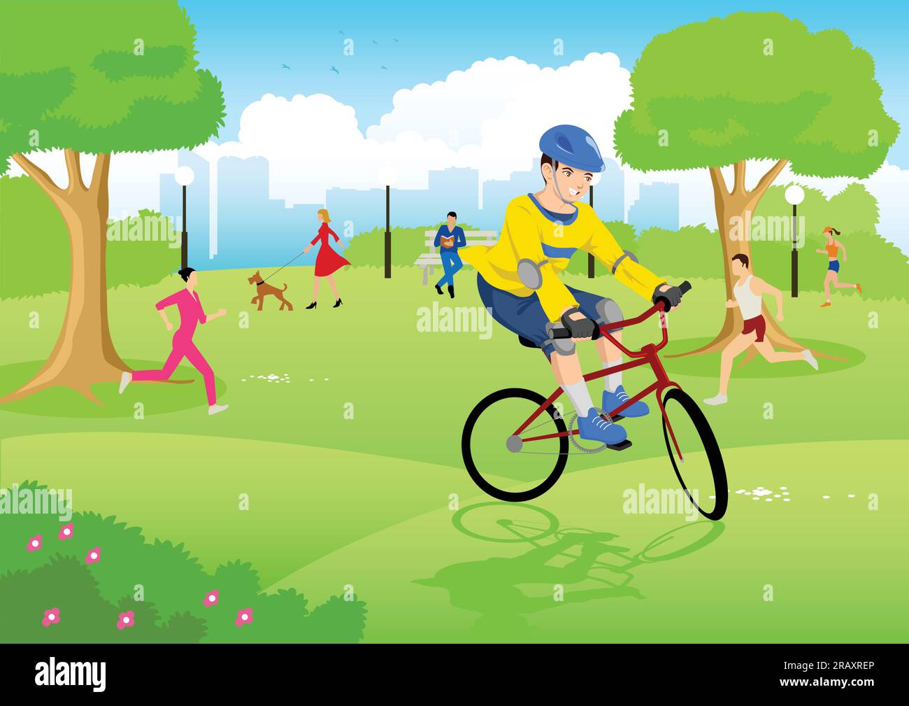 Cartoon illustration of a boy riding bicycle at city park Stock Vector ...