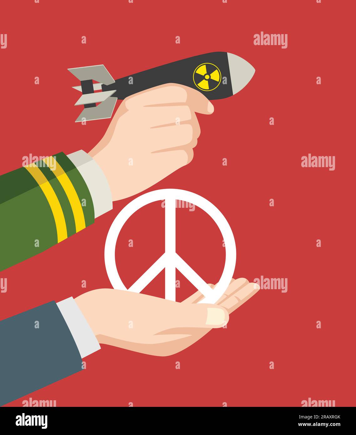 Illustration of a man hand in military uniform holding a nuclear bomb ...