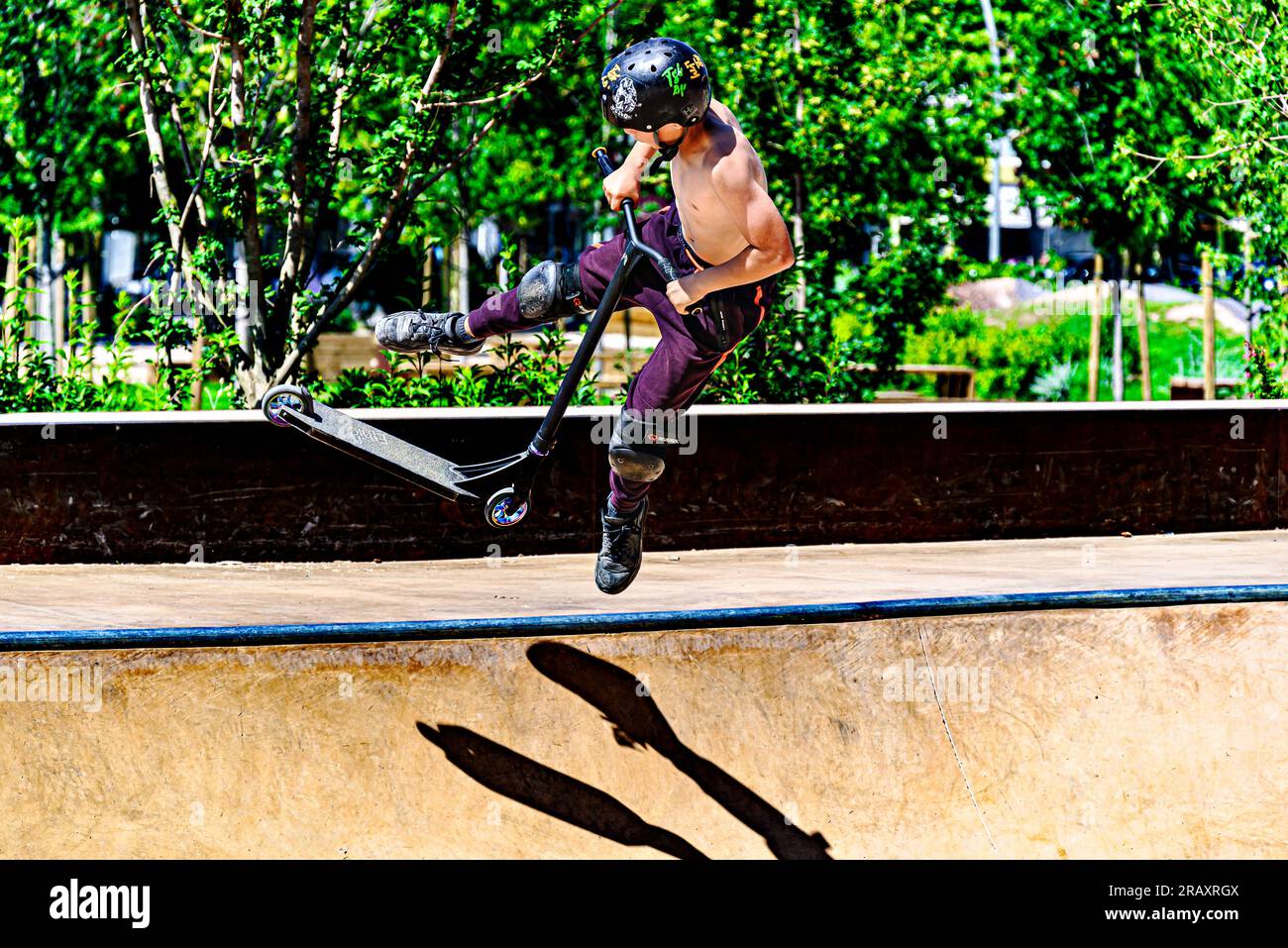 Igualada, Barcelona; June 28, 2023: Young man practicing Scootering ...