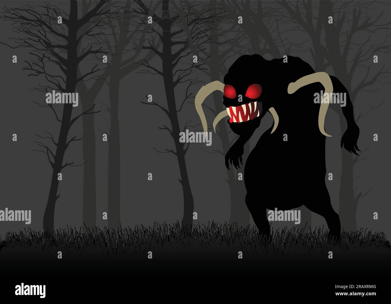 Silhouette illustration of a scary monster with red eyes in dark woods ...