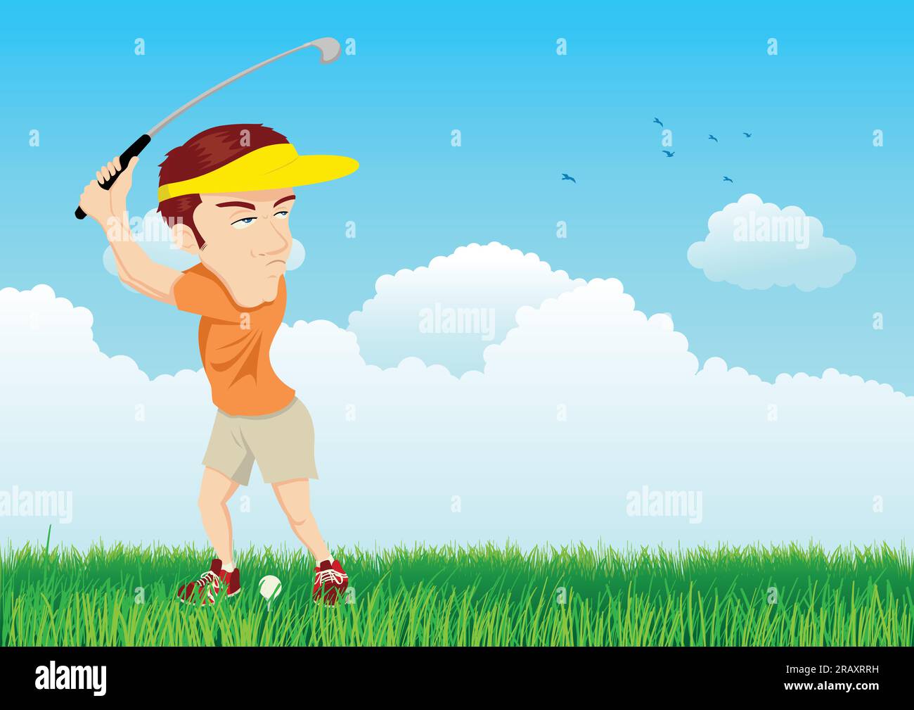 Cartoon illustration of a golfer ready to hit a ball on grass field ...