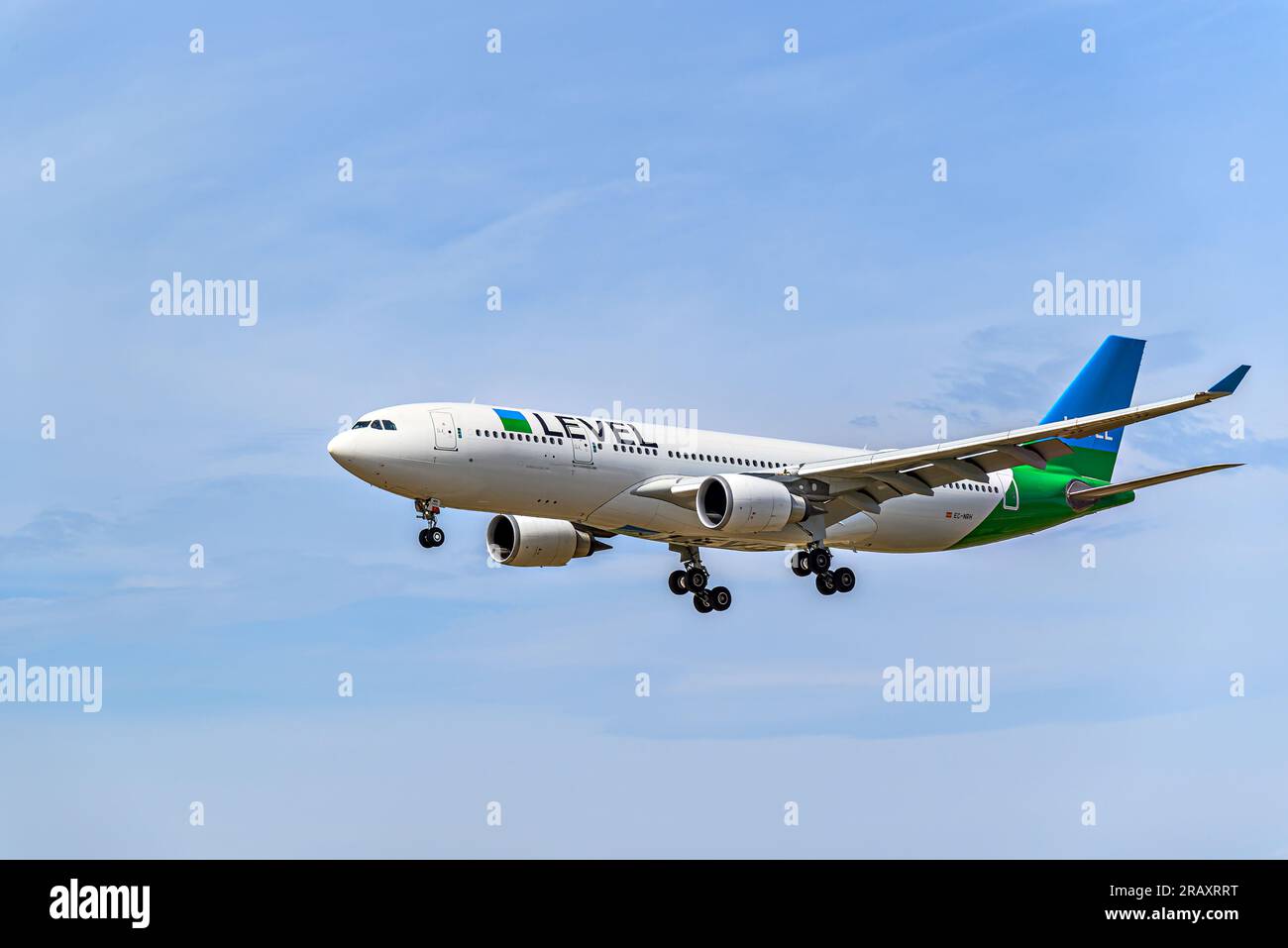 Barcelona, Spain; April 10, 2023: Level Airbus A330 plane, landing at ...