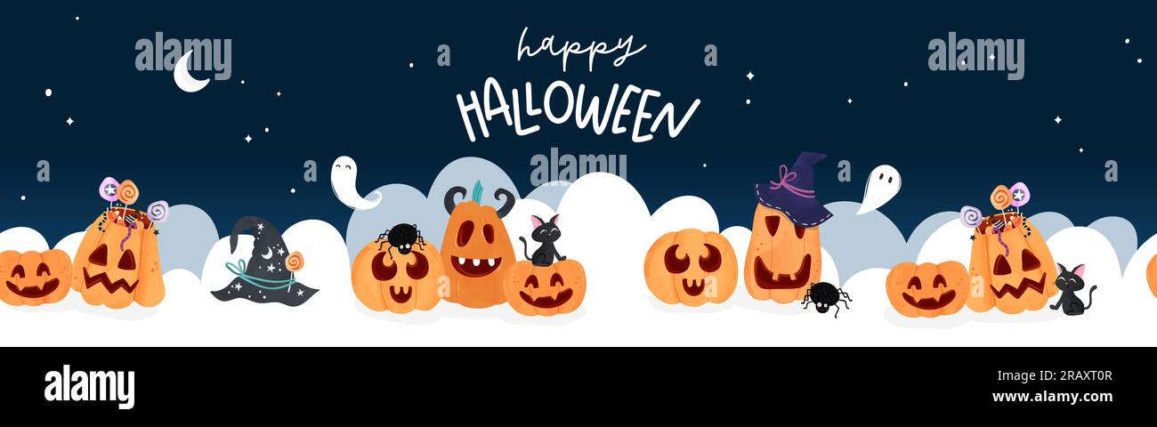 Fun hand drawn halloween horizontal pumpkin seamless pattern, cute ...