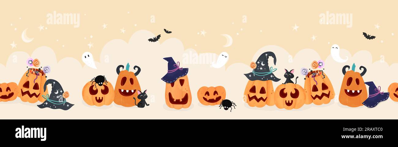 Fun hand drawn halloween horizontal pumpkin seamless pattern, cute ...