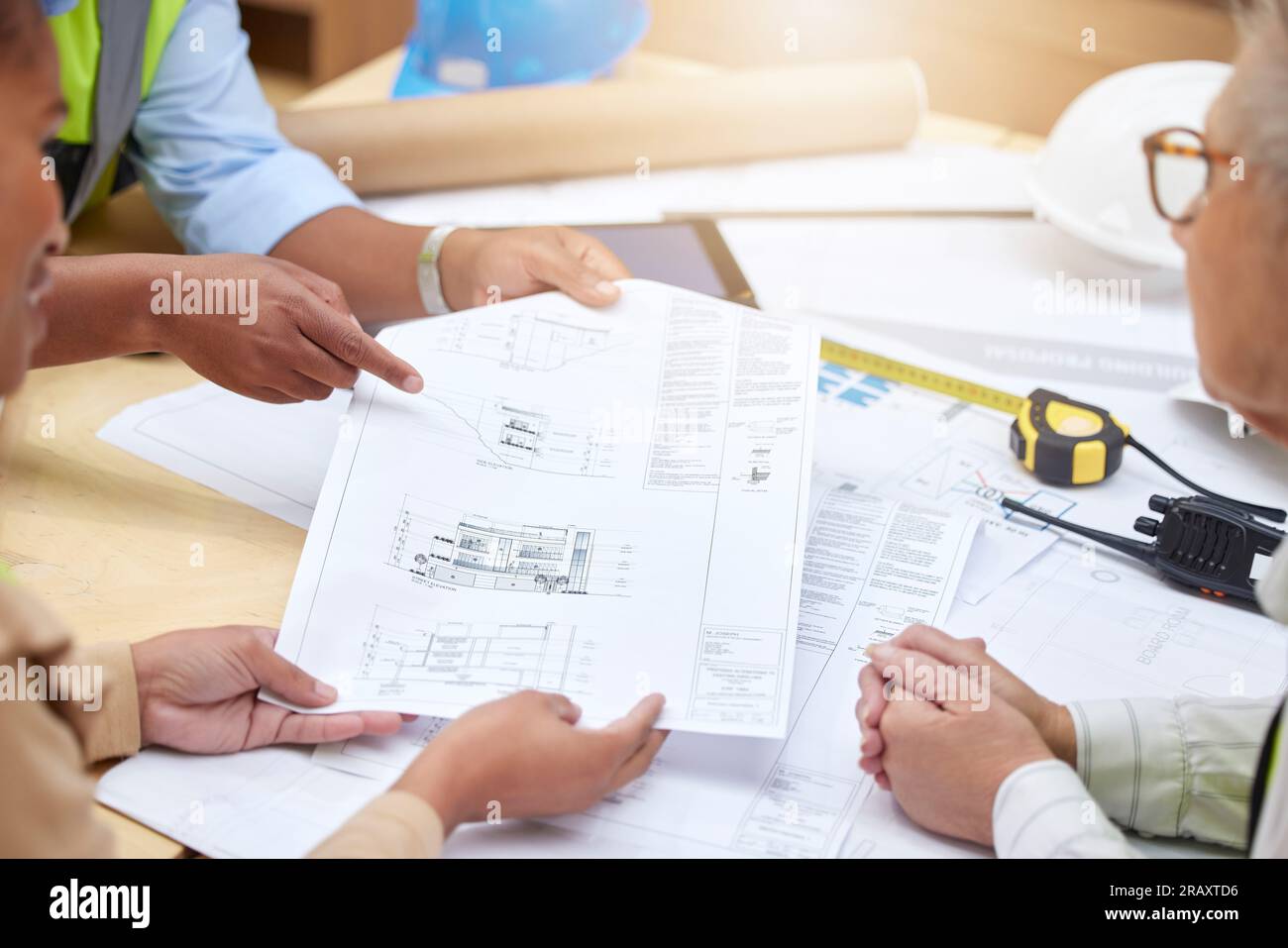 Floor plan, meeting or hands of civil engineering team planning a ...