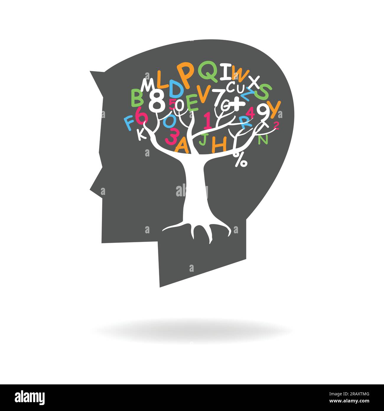 Children head silhouette with tree and colorful alphabets and numbers ...