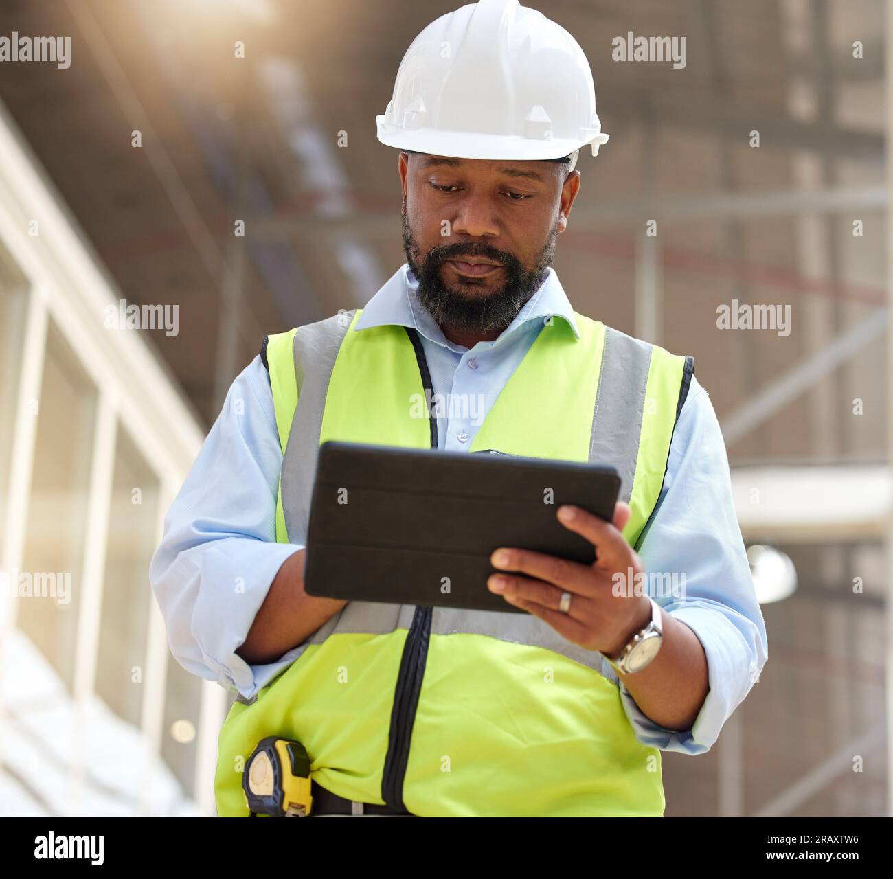 Tablet, engineering man and construction worker for online project ...
