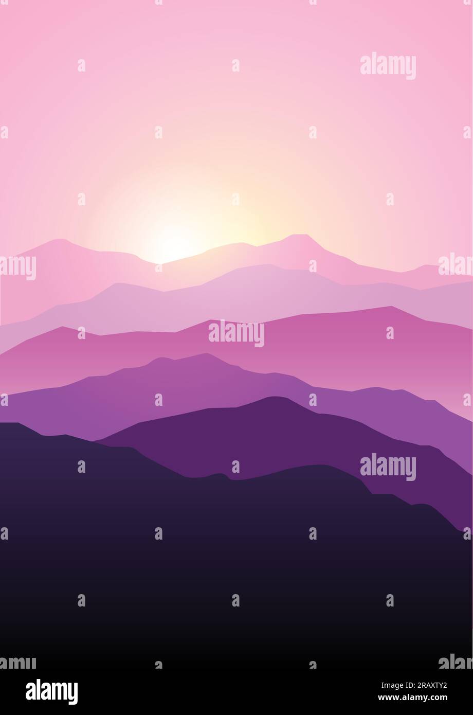 Graphic illustration of mountains landscape in beautiful pink and ...