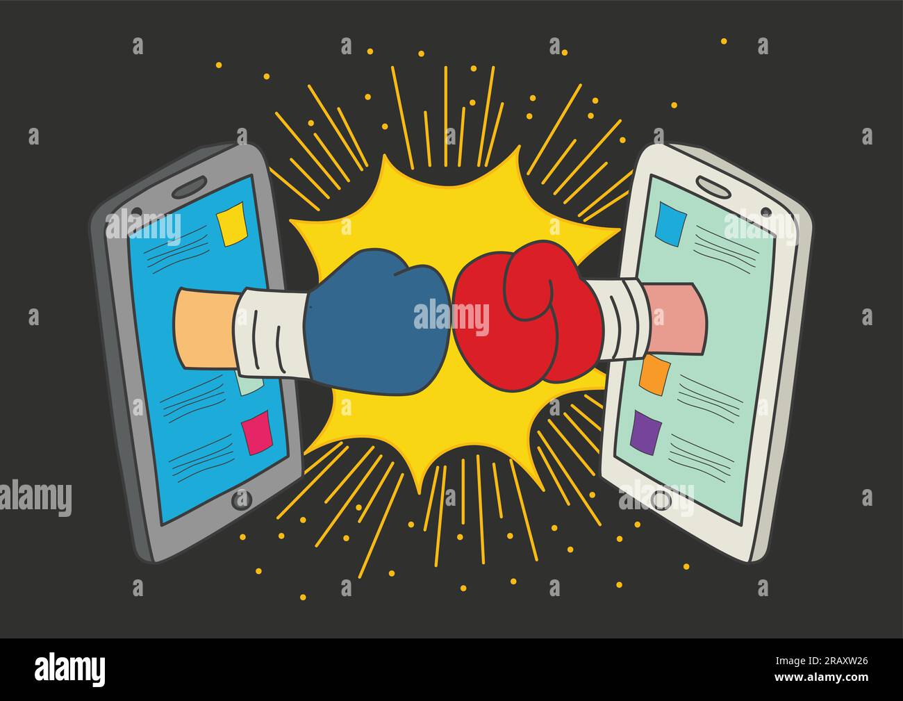 Naive art or cartoon illustration of clashed two boxing gloves coming out from smart phone ...