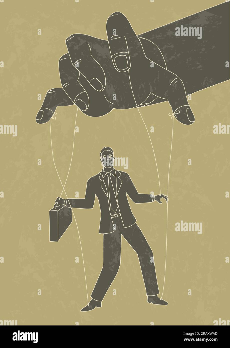 Retro art illustration of puppet master controlling a businessman ...