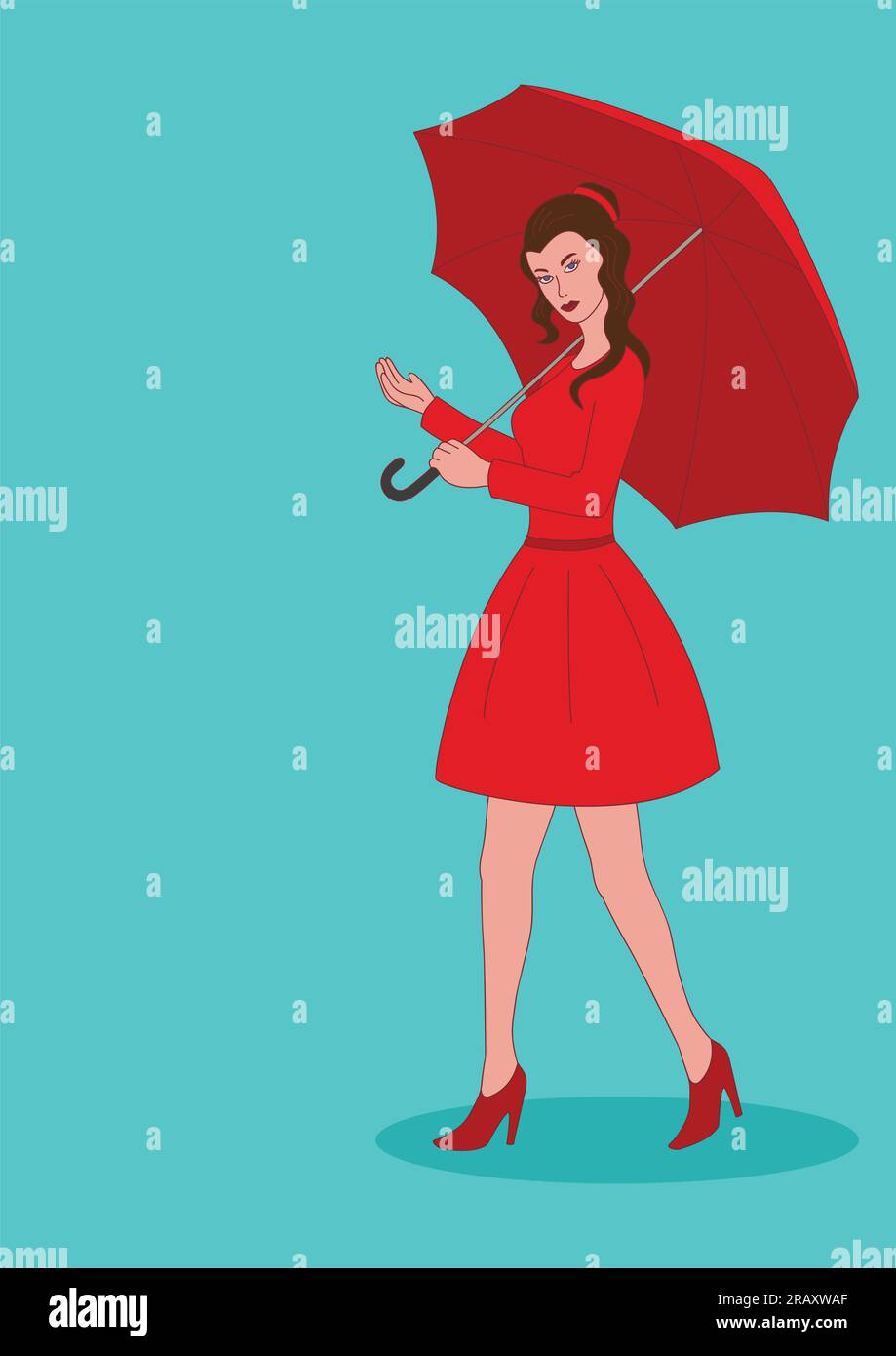Naive art of a pretty girl in red dress with umbrella Stock Vector ...