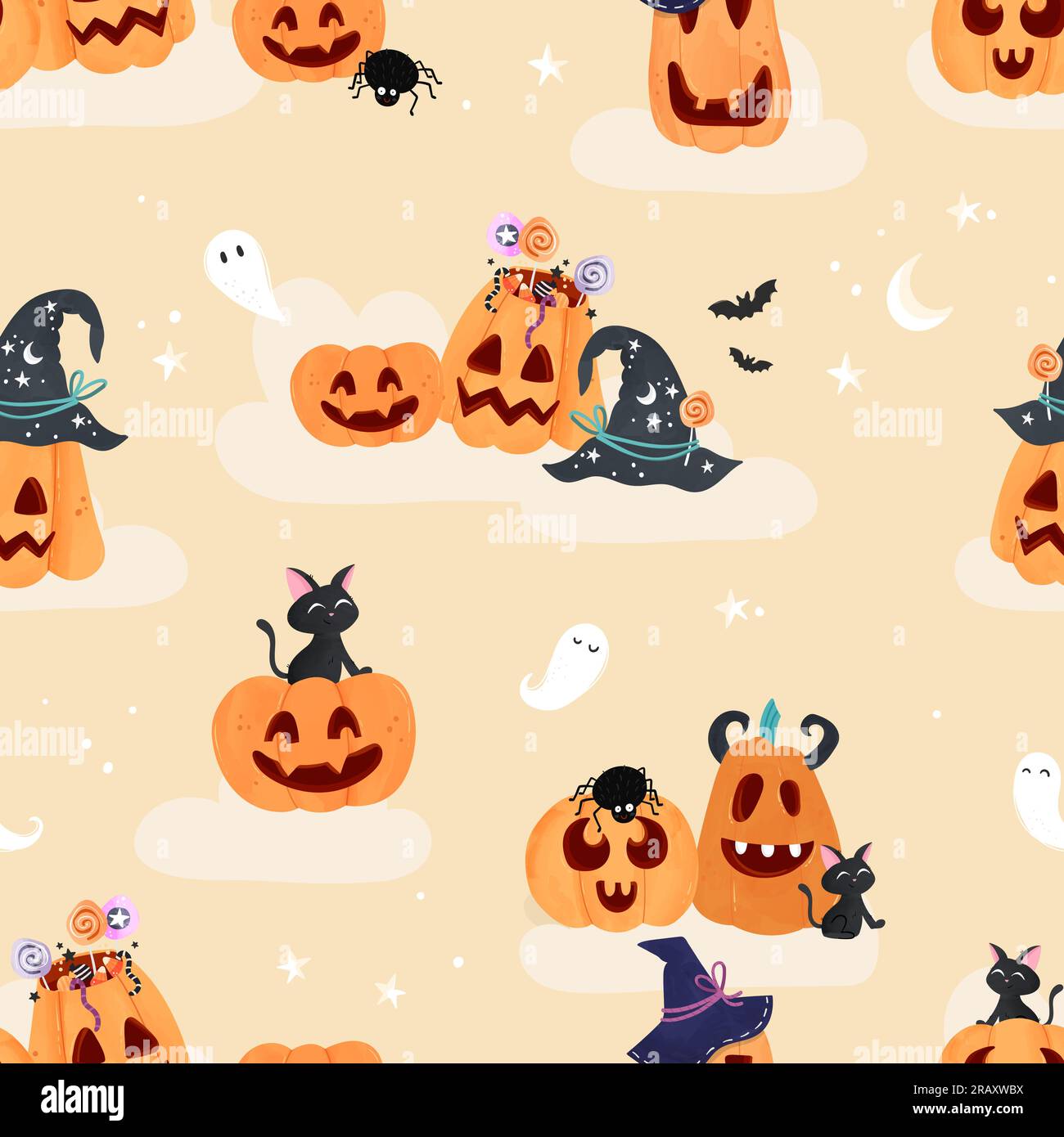 Fun hand drawn halloween pumpkin seamless pattern, cute pumpkins ...