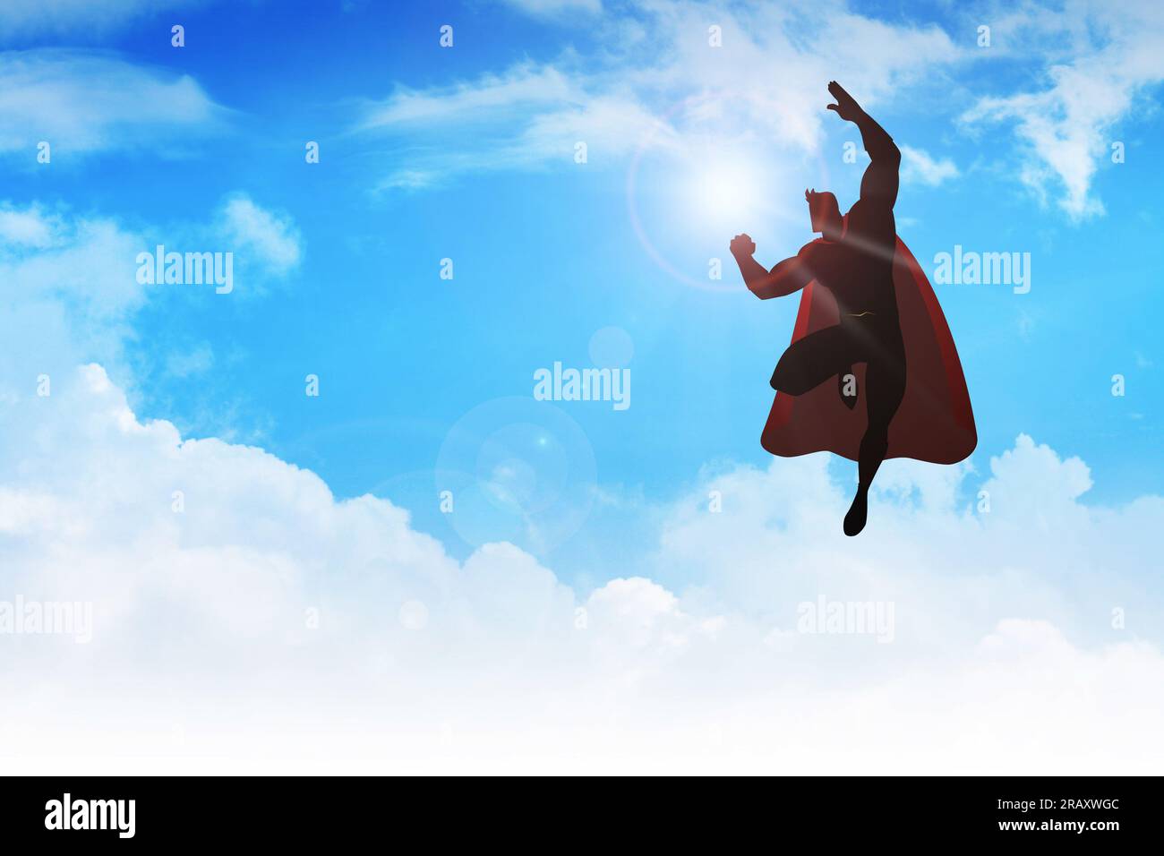 Silhouette of a superhero figure flying on clouds Stock Photo - Alamy
