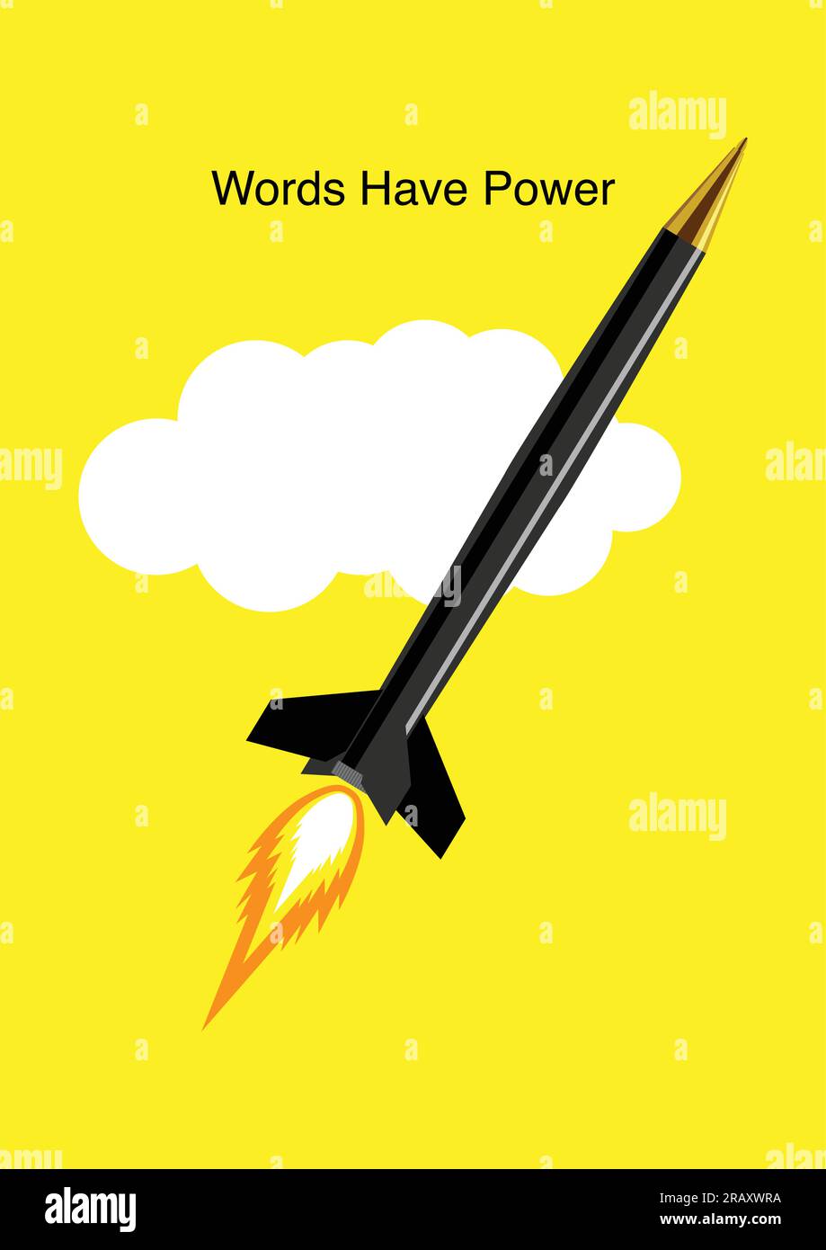 Graphic illustration of a pen in the form of a rocket for words have ...