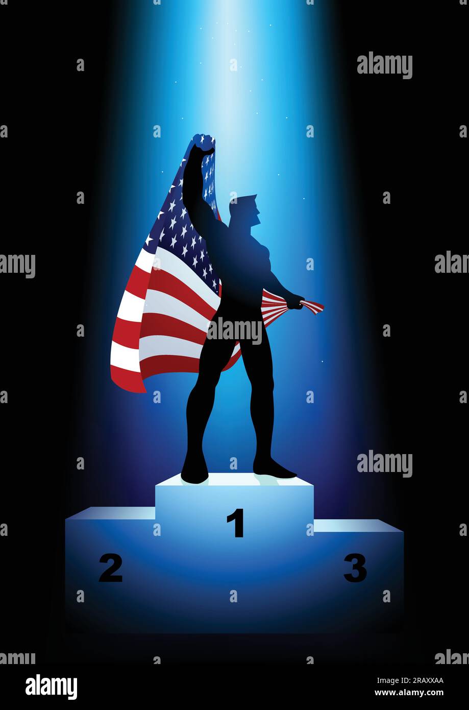 Silhouette illustration of a winner on rank podium holding the flag of ...