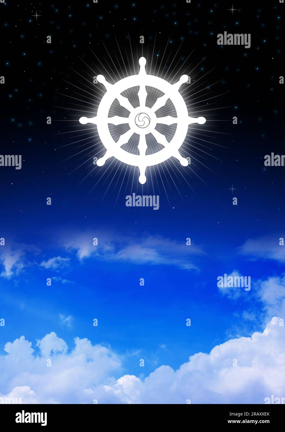 Dharma Wheel of Buddhism symbol on night sky Stock Photo - Alamy