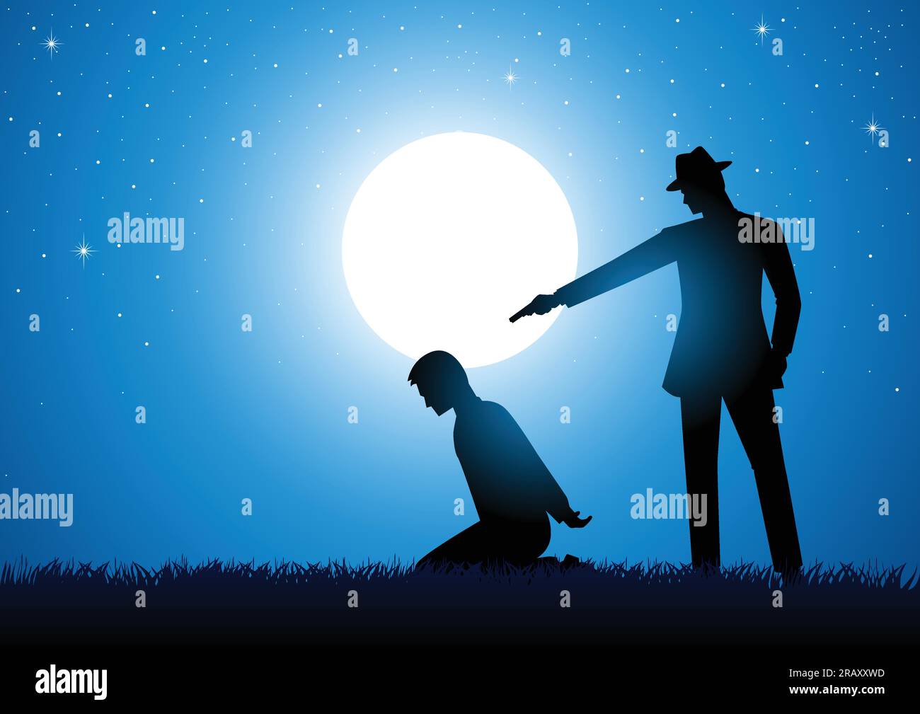 Silhouette illustration of a man aiming a gun to the kneeling man's ...