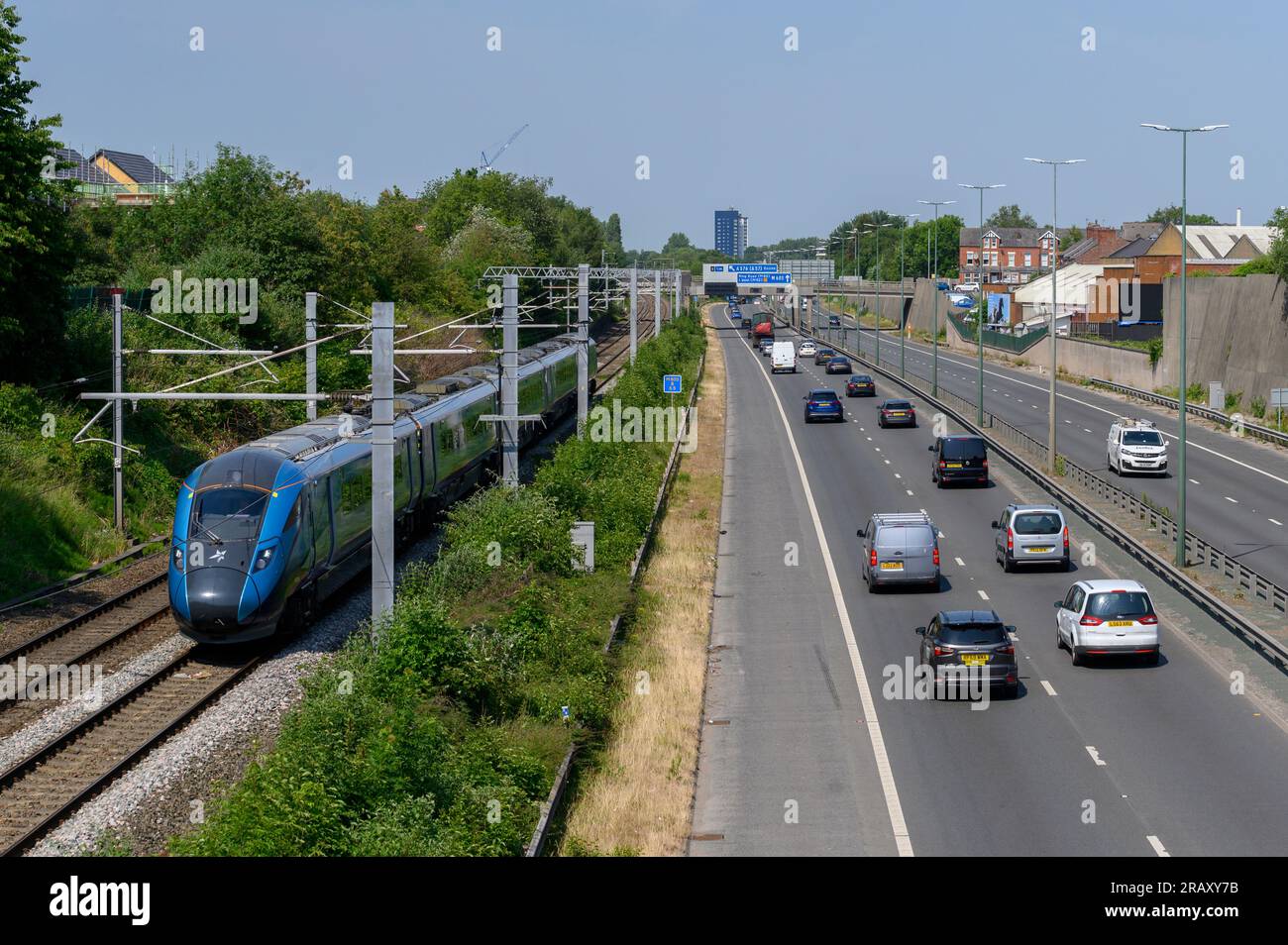 Azuma class TransPennine Express train travelling on track running ...