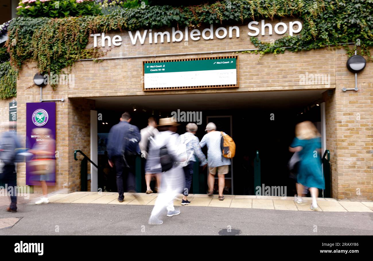 Spectators enter the Wimbledon Shop on day four of the 2023 Wimbledon ...