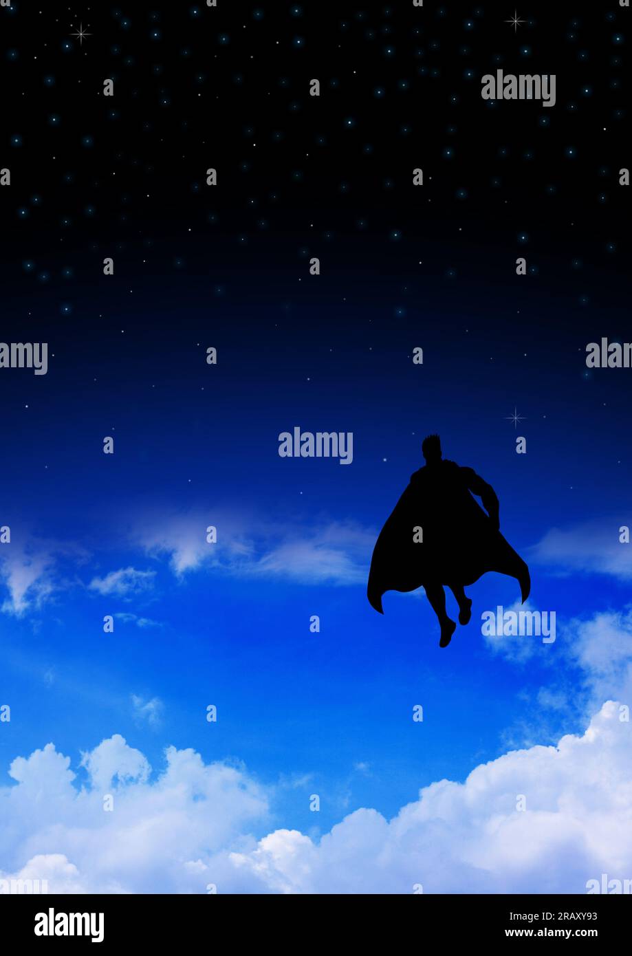 Silhouette illustration of a superhero flying on clouds Stock Photo - Alamy