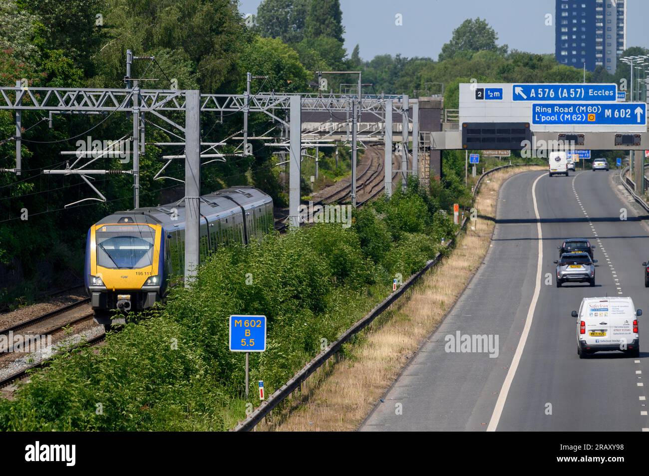 Class 195 in Northern trains livery travelling on track running ...