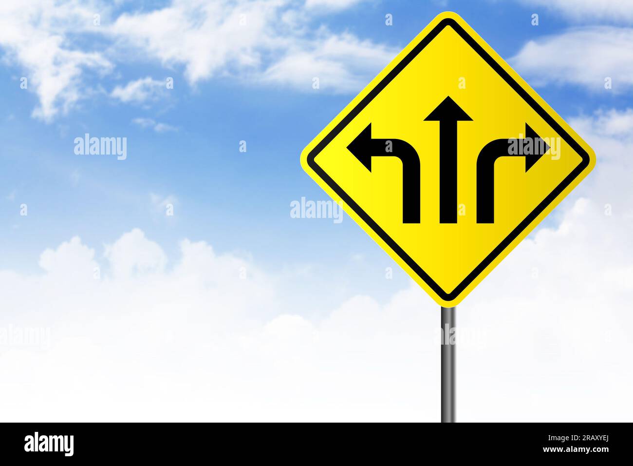 Yellow street sign with direction arrows on bright sky background, for ...