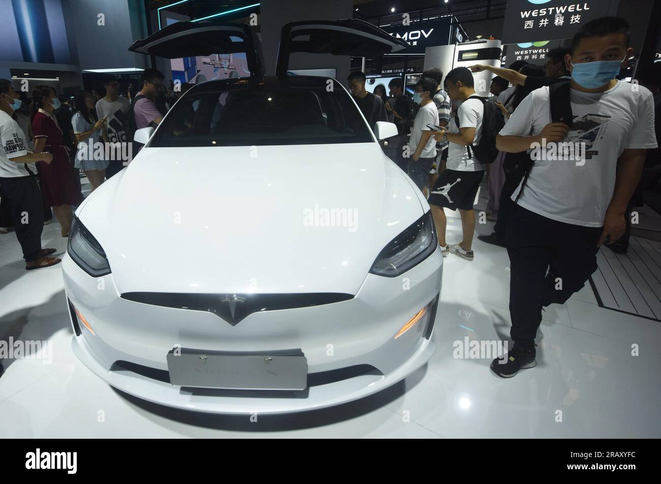 SHANGHAI, CHINA - JULY 6, 2023 - Visitors visit the Tesla booth at the ...